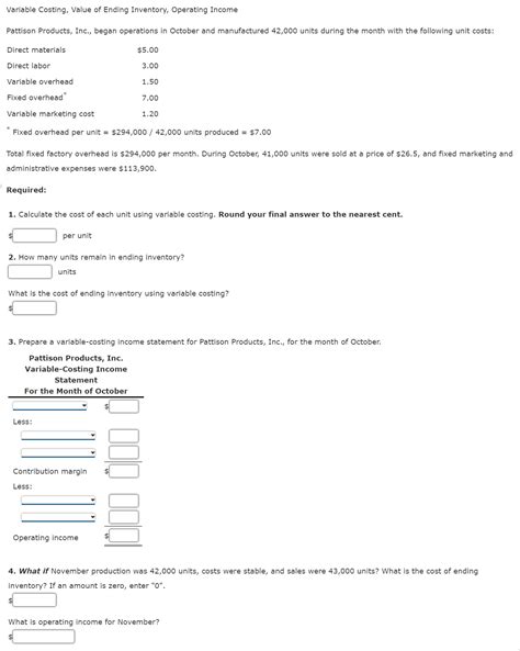 Solved Variable Costing Value Of Ending Inventory