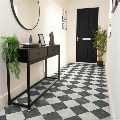 Checkerboard Sheet Vinyl Flooring Lino In Black And White Marble Tile