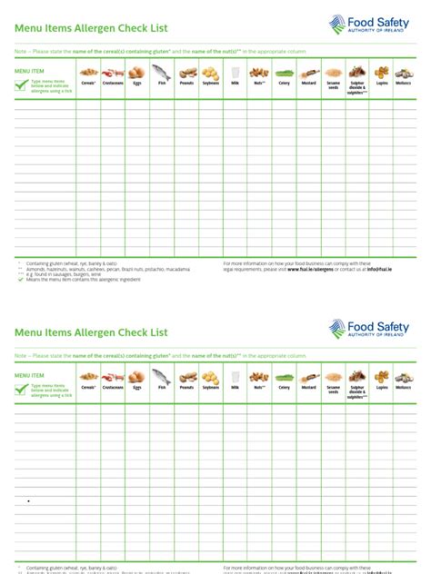 Allergen Checklist For Menu Items Pdf Nut Fruit Foods