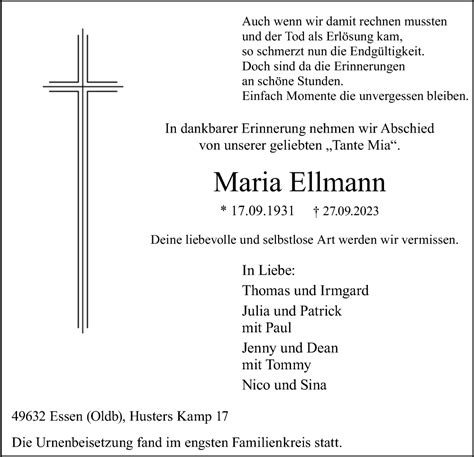 Traueranzeigen Von Maria Ellmann Om Trauerde