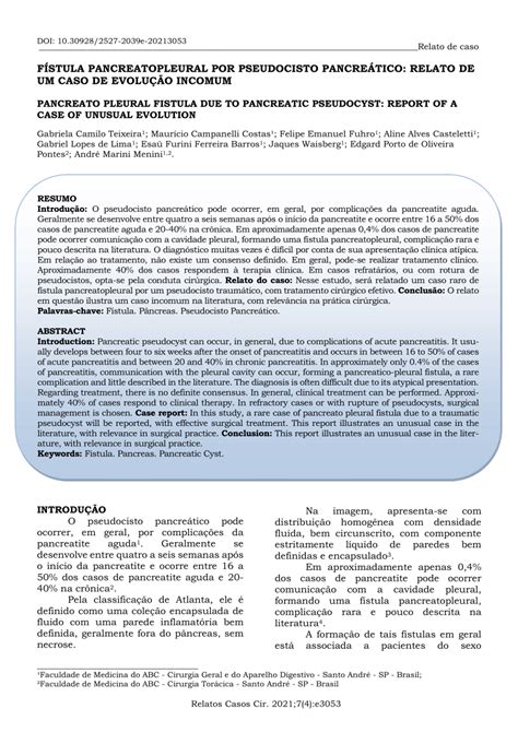 Pdf FÍstula Pancreatopleural Por Pseudocisto PancreÁtico Relato De