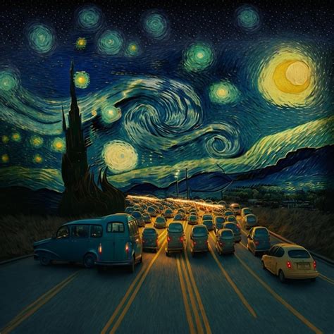 Pintura De Noche Estrellada De Una Carretera Con Autos Y Un Ai Generativo De Van Gogh Foto Premium