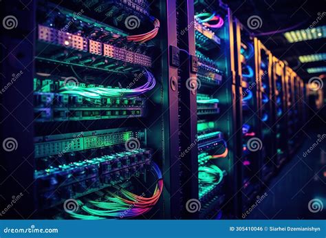 Illuminated Data Center Rack With Colorful Leds On Servers Showing Modern Technology And