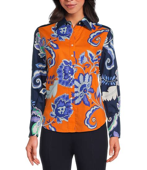 Tyler Boe Chloe Floral Print Color Block Point Collar Long Sleeve