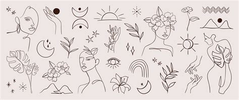 Minimal Hand Drawn Line Art Vector Set Aesthetic Line Art Design With Woman Body Face Hands