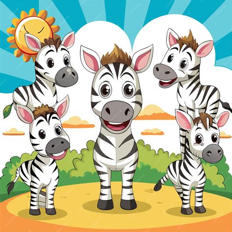 Cinco Cebras Animadas Alegres En Un Paisaje Colorido Vector Premium