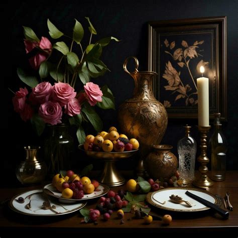 Ai Generated Still Life With Flowers Tableware And Candles On A Dark
