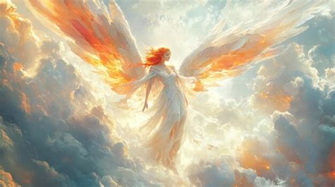 Angel Soaring Through Sunset Clouds Serene Wings Outstretched In