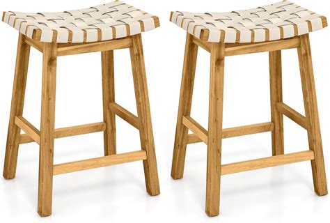 Costway Woven Saddle Stools Vintage Counter Height Chairs With Pu