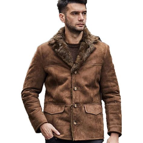 Dennyanddora Mens Shearling Suede Jacket Suit Collar Mid Length Sheepskin