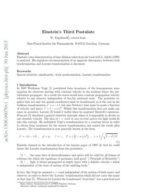 Einsteins Third Postulate Pdf Pdf Special Relativity Time