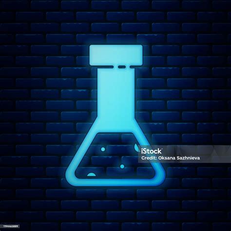 빛나는 네온 테스트 튜브와 벽돌 벽 배경에 격리 플라스크 화학 실험실 테스트 아이콘 실험실 유리 표지판 벡터 일러스트레이션 개발에 대한 스톡 벡터 아트 및 기타 이미지