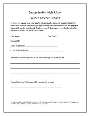 Fl George Jenkins High School Excused Absence Request Blank Fillable
