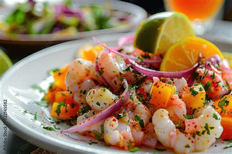 Peruvian Ceviche Dish Fresh Shrimp Seafood With Vegetables Coastal