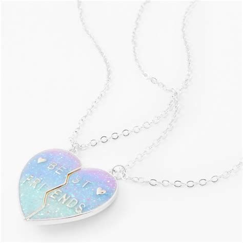 Claires Silver Best Friends Necklace Set Enamel Heart Pendant Bff