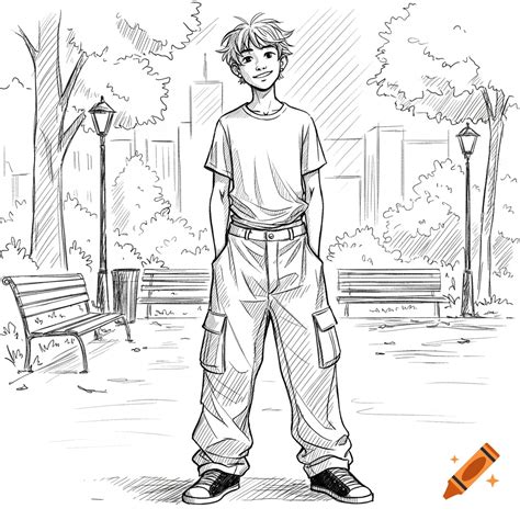 Sketch Of A Boy With Baggy Pants And A T Shirt Standing In A Park With
