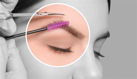 Makeup Artist Comb And Trim The Eyebrows With Scissorss To A Woman