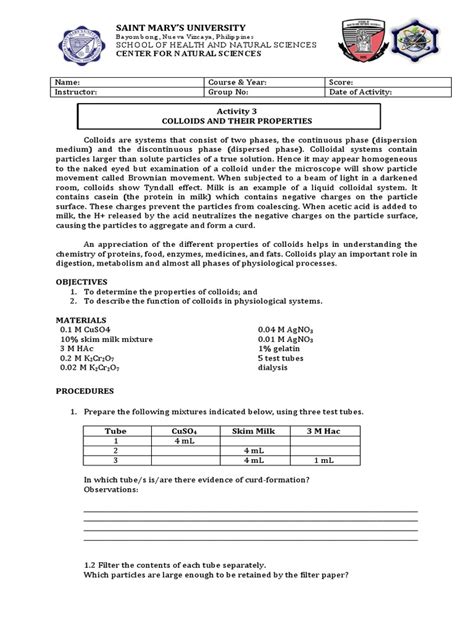 Lab 3 Colloids And Their Properties 2 Pdf Colloid Physical Chemistry