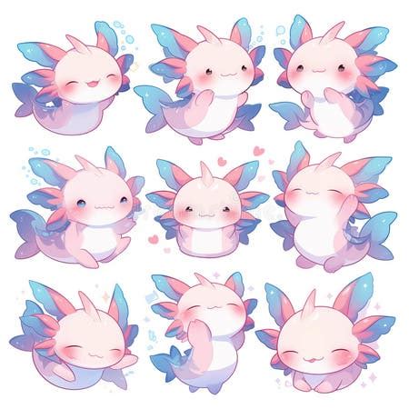 Cute Kawaii Adorable Set Of Pink And Blue Axolotls For Stickers Bullet