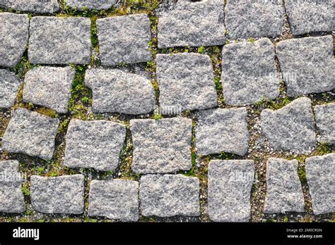 Texture Of Paved Stone Road With Sprouted Grass Between Masonry Top