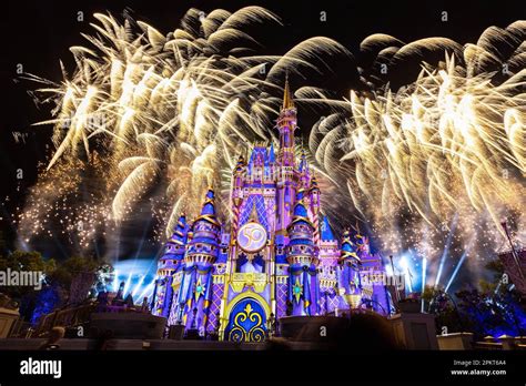 Fireworks Illuminate The Night Sky Over The Cinderella Castle At As