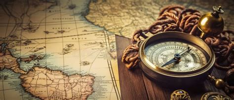 Compass Rope And Other Items On A Map Tools For Navigation And