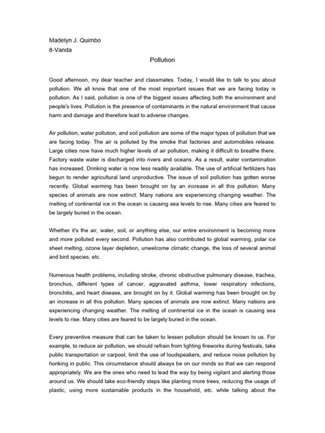 Pollution Speech Pdf Air Pollution Pollution