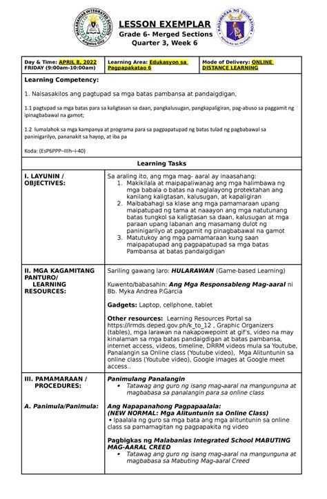 Myka Garcia Esp6q3w6 Lesson Exemplar Template 1111 Lesson Exemplar