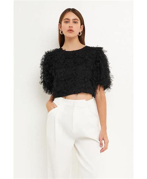 Endless Rose Womens Gridded Mesh Feathered Cropped Top Macys