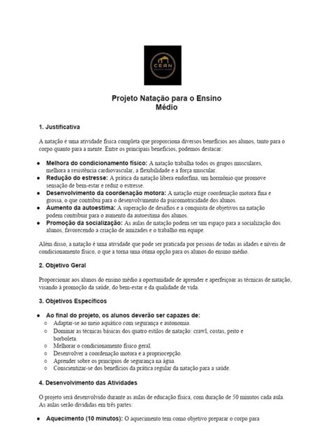 Projeto De Natacao Na Escola Cean Assinado Pdf Natação