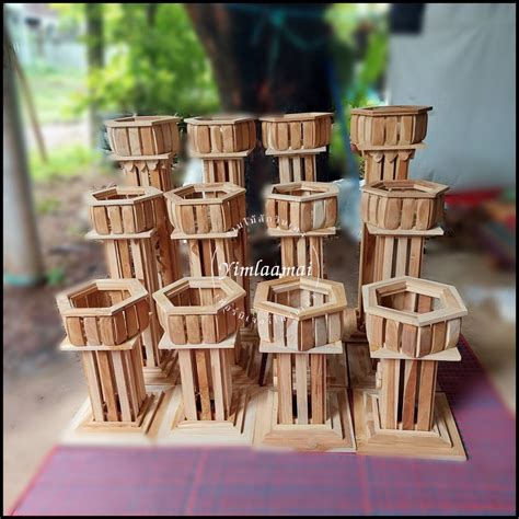กระถางทรงดอกบัว กระถางโชว์ต้นไม้ งานไม้สักทอง Shopee Thailand