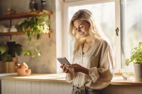 Premium Ai Image Efficient Multitasking A Joyful Woman Embracing Technology In The Kitchen
