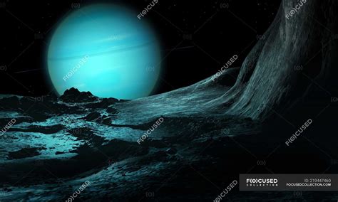 Illustration Of Green Ice Giant Planet Uranus Seen From Surface Of