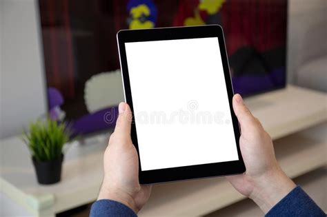 Man Hands Holding Computer Tablet With Isolated Screen In Room Stock Image Image Of Computer