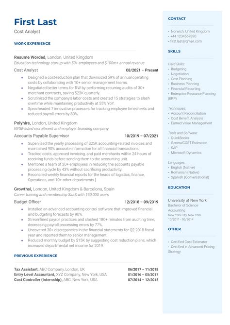 2 Cost Analyst Cv Examples For 2026 Resume Worded