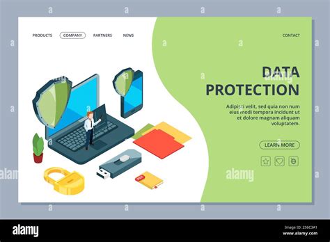 Data Protection Landing Page Isometric Mobile Office Security Center Web Page Data Protection