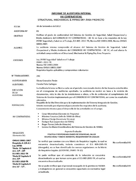 Informe De Auditoría Interna Hv Contratistas Structura Pdf