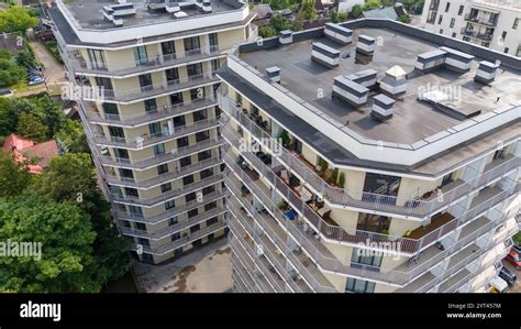 Aerial View Of Two Modern Apartment Buildings With Flat Roofs And