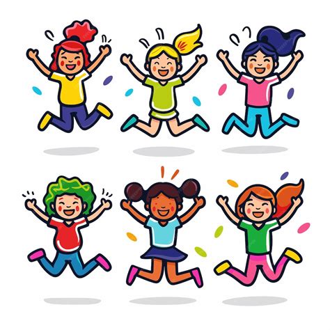 Seis Alegres Niños De Dibujos Animados Saltando De Emoción Felices