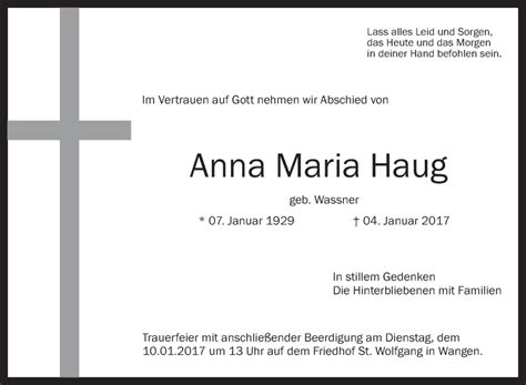 Traueranzeigen Von Anna Maria Haug Schwaebischede Trauerportal