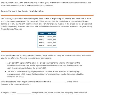 Solved The Net Present Value NPV And Internal Rate Of Chegg