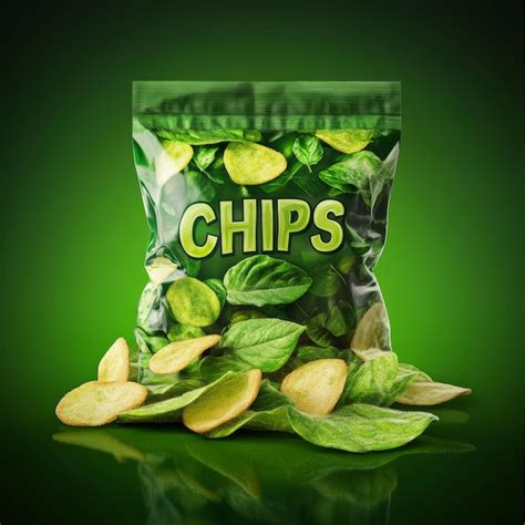 3d Render Green Chips Bag With Leaf Design And 39chips39 Label