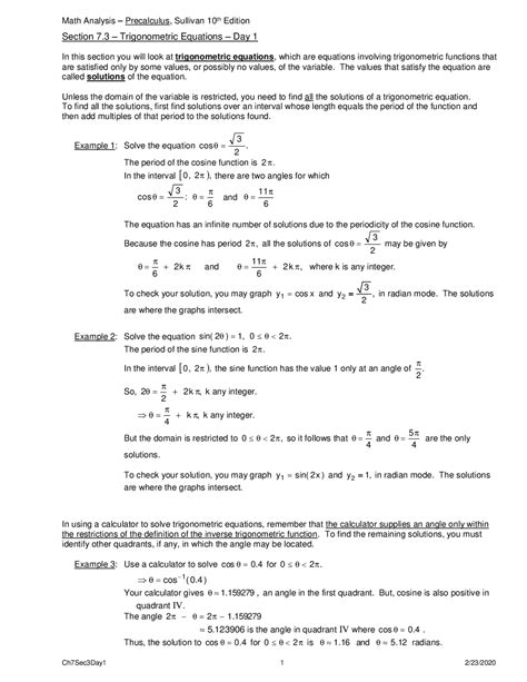 Trigonometric Equations Summaries Pre Calculus Docsity
