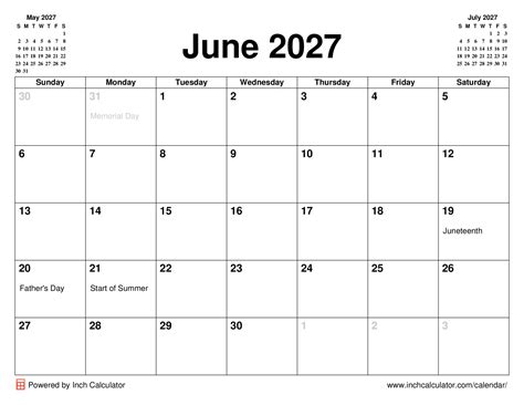 June 2027 Calendar Inch Calculator