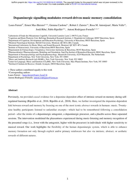 Pdf Dopaminergic Signalling Modulates Reward Driven Music Memory