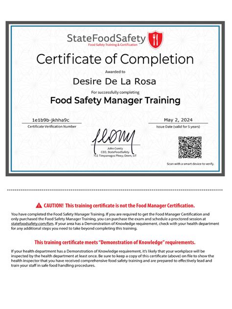 Food Safety Manager Training Certificate Pdf