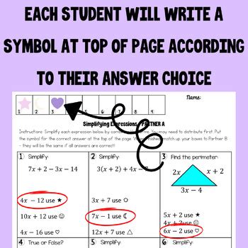 Simplifying Expressions Distribute Combine Like Terms Partner Math Activity