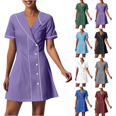 Horkkom Scrubs For Women Splicing Lapel Nursing Scrub Dresses Stretchy
