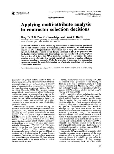 Pdf Applying Multi Attribute Analysis To Contractor Selection Decisions