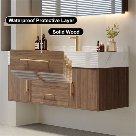 Modern 39 Walnut Floating Bathroom Vanity Set Stone Top Wall Mounted